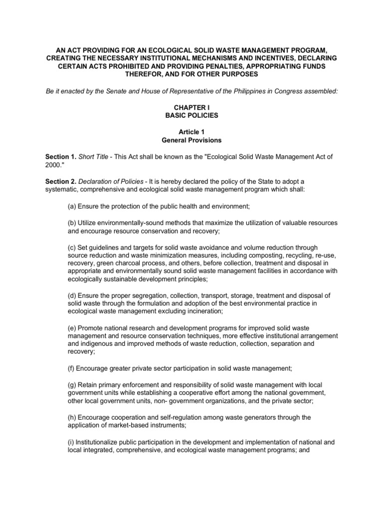 Ecological Solid Waste Management Act | PDF | Waste Management ...