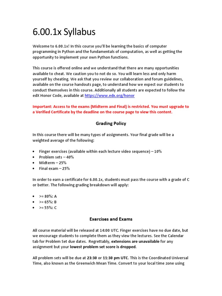 6.00.1x Syllabus: Grading Policy | PDF | Class (Computer Programming ...