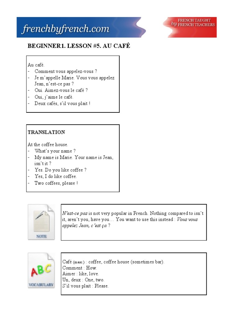Beginner1. Lesson #5. Au Café: Translation | PDF