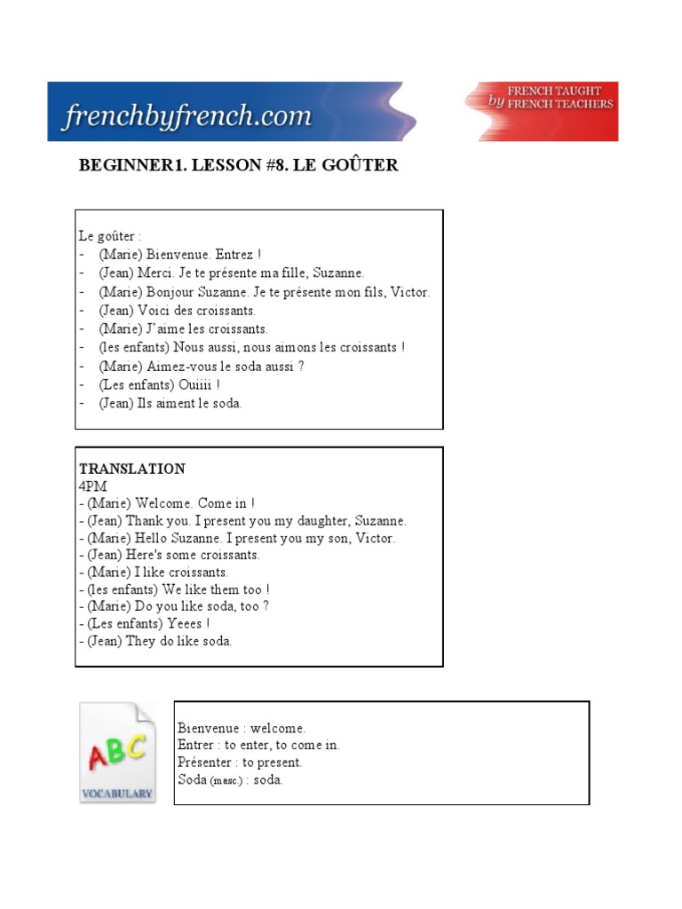 Beginner1. Lesson #8. Le Goûter: Translation | PDF