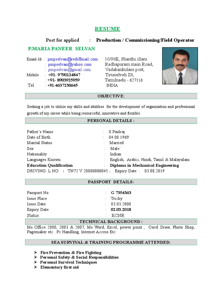 Resume: Post For Applied: Production / Commissioning/Field Operator ...