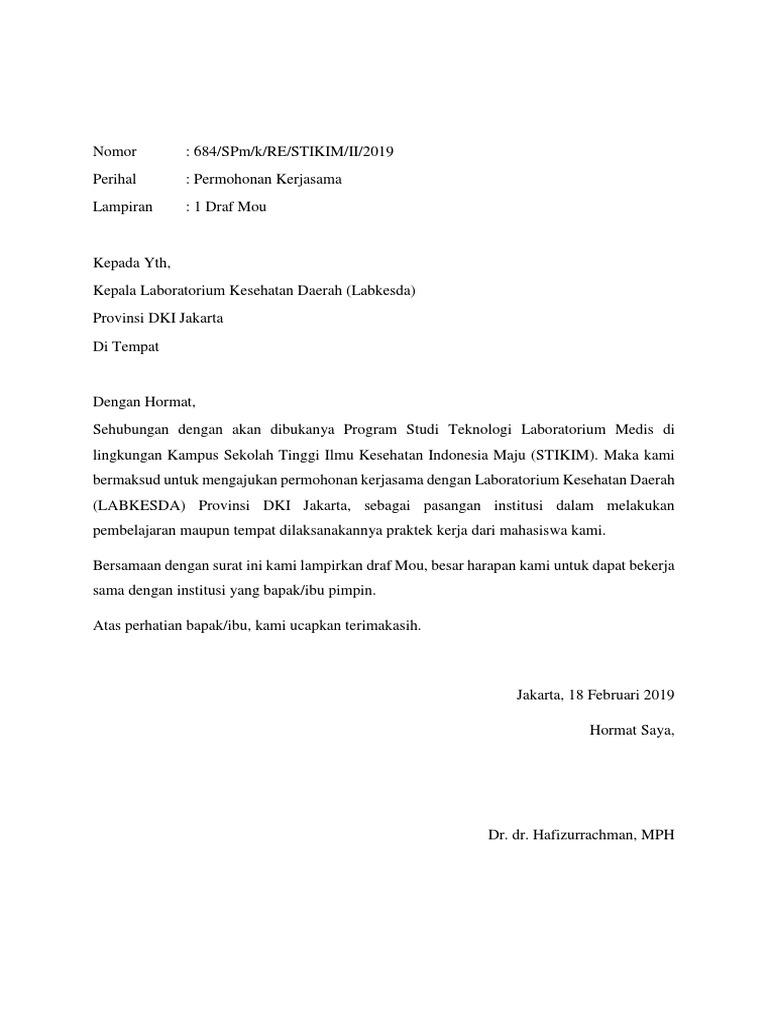 Surat Permohonan Kerja Sama Labkesda DKI | PDF