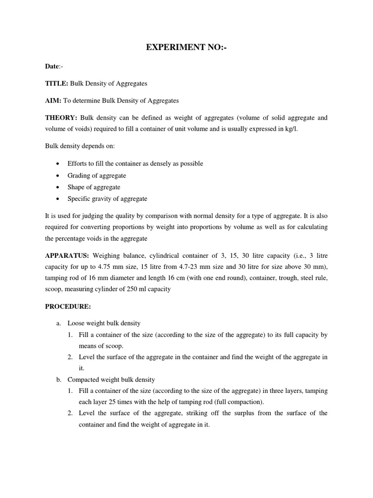 4.bulk Density of Aggregates | PDF | Density | Volume