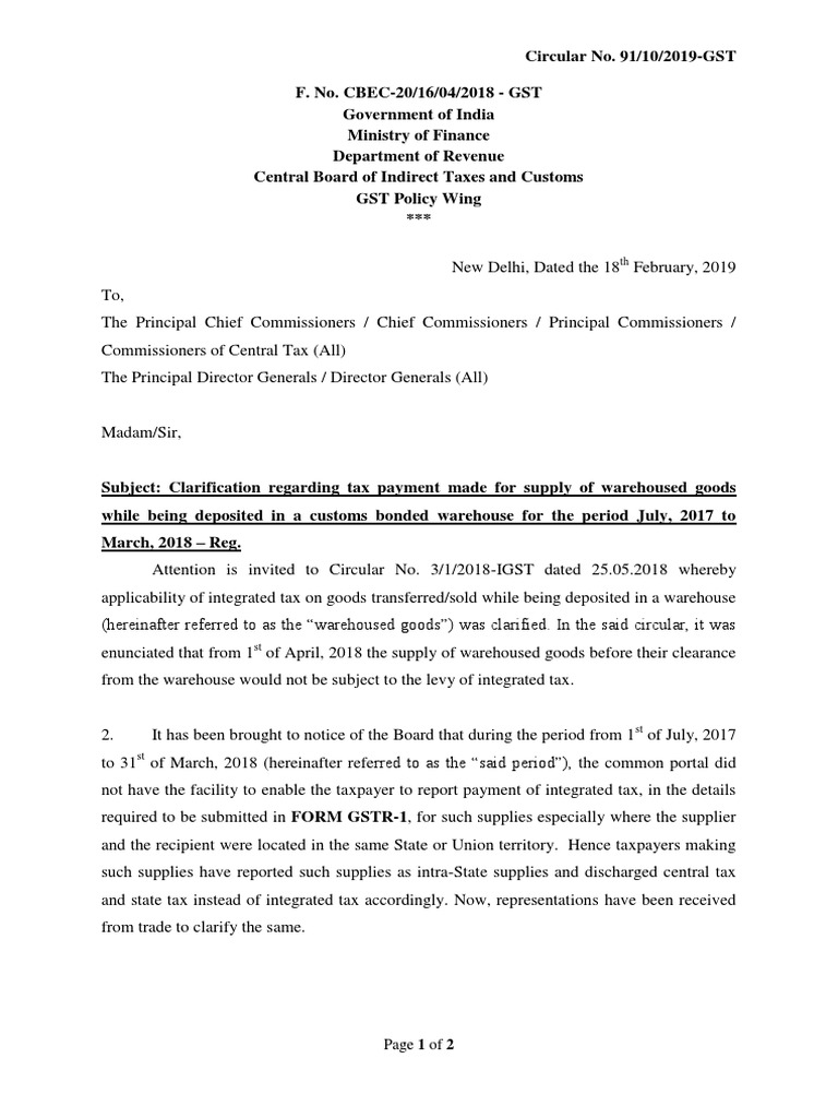Circular CGST 91 | PDF | Taxes | Government Finances