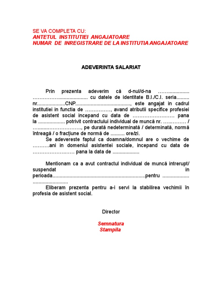 Model Adeverinta de Salariat PT Colegiul Asistentilor Sociali | PDF
