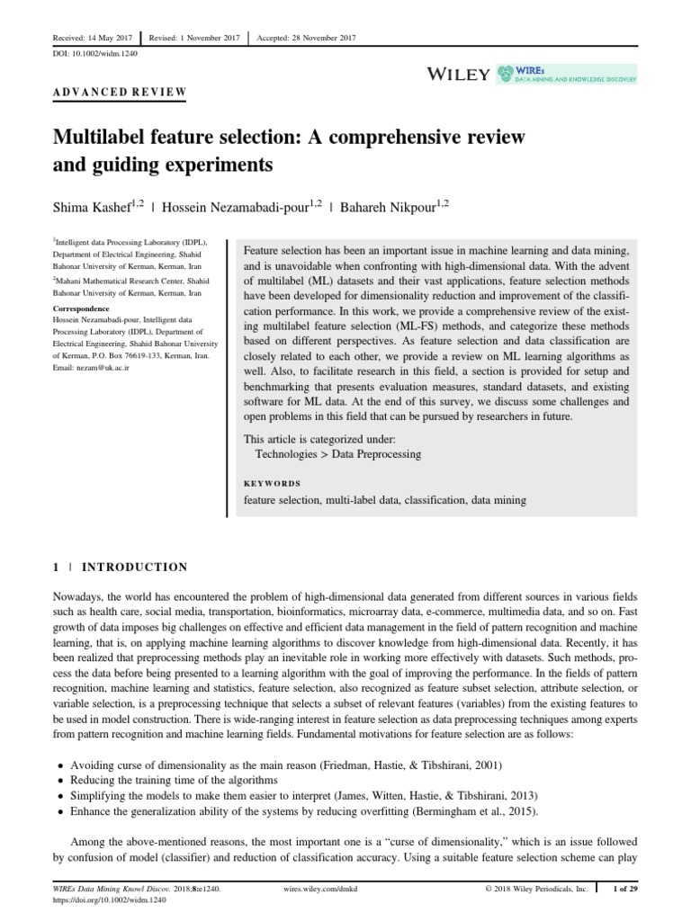 Multilabel Feature Selection: A Comprehensive Review and Guiding Experiments | PDF | Statistical ...