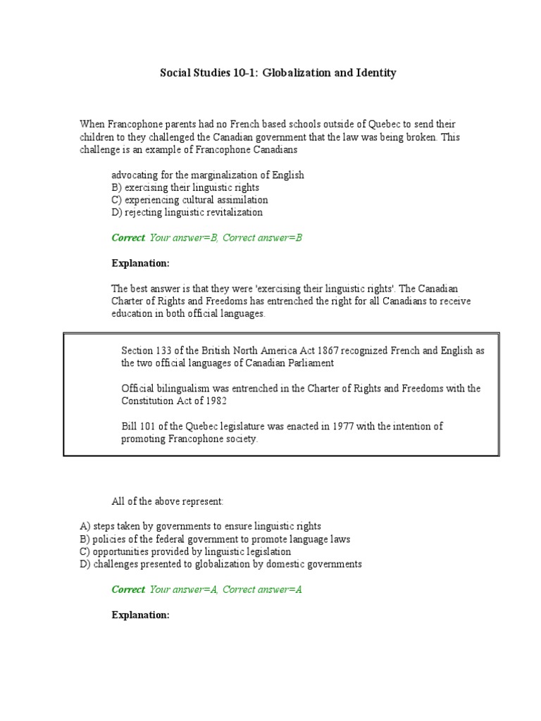 Social Studies 10-1: Globalization and Identity: Correct. Your Answer B ...