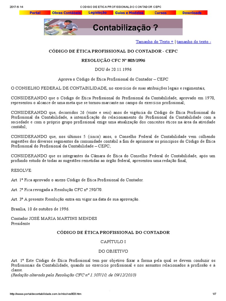 Código de Ética do Contador - CEPC | PDF | Contabilidade | Estatuto