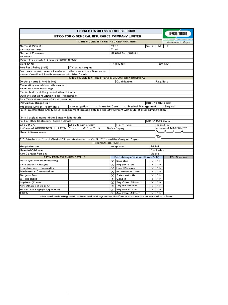 Form 1: Cashless Request Form Iffco Tokio General Insurance Company ...