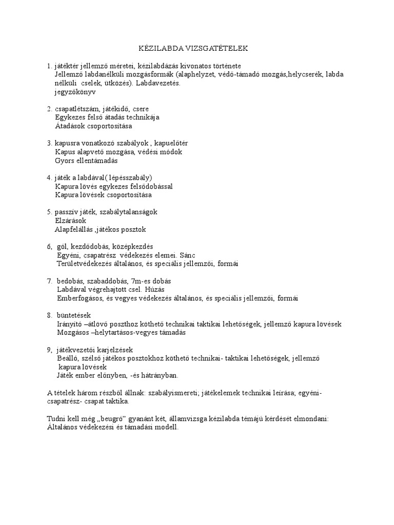 Kézilabda Vizsgatételek | PDF