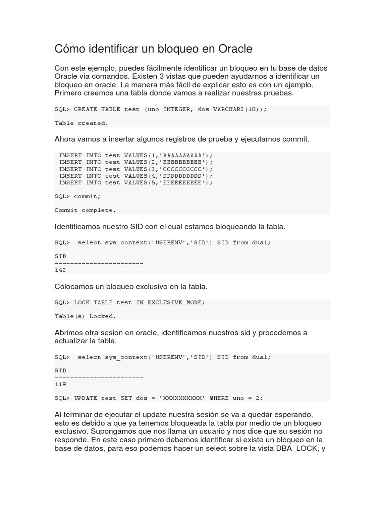 Cómo Identificar Un Bloqueo en Oracle | PDF | SQL | Tabla (base de datos)