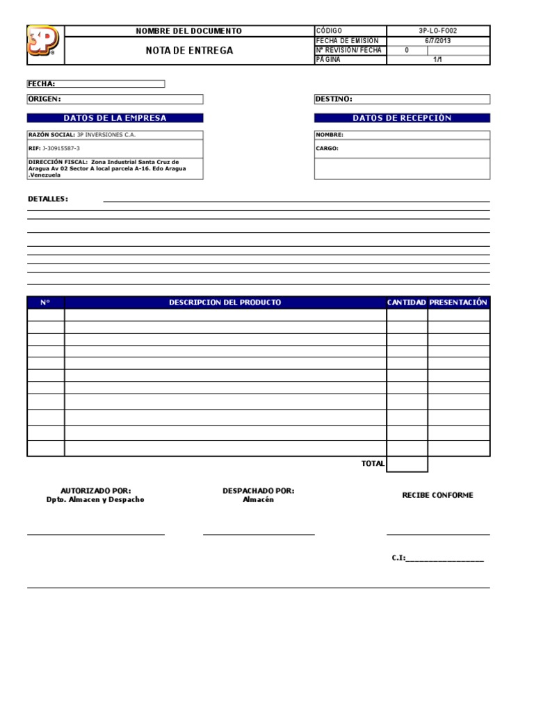 3P-LO-FO02 Nota de Entrega | PDF | Cocina latinoamericana | Venezuela