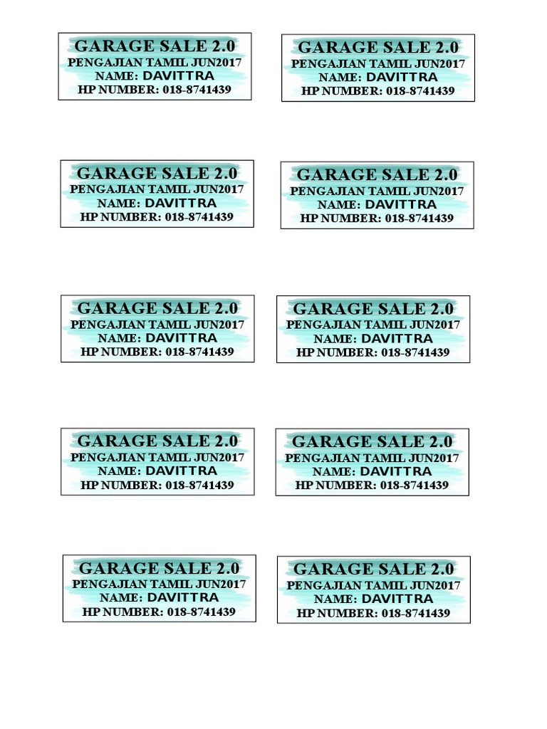 Garage Sale Name Cards | PDF