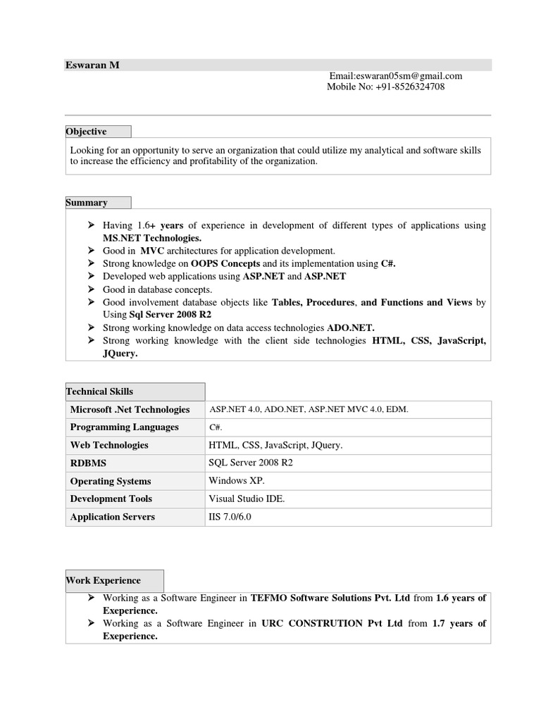 Eswaran Resume | PDF | J Query | Microsoft Visual Studio