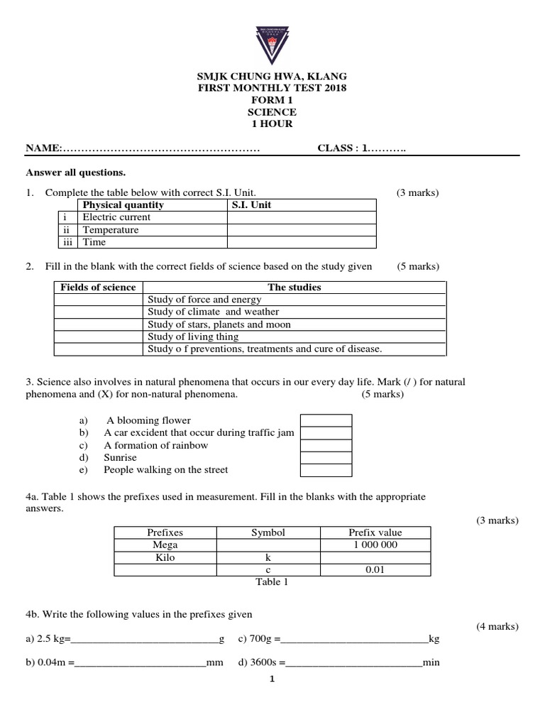 SMJK Chung Hwa, Klang First Monthly Test 2018 Form 1 Science 1 Hour ...