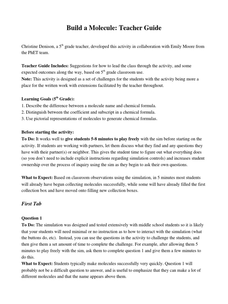 Build A Molecule: Teacher Guide: First Tab | PDF | Molecules | Simulation