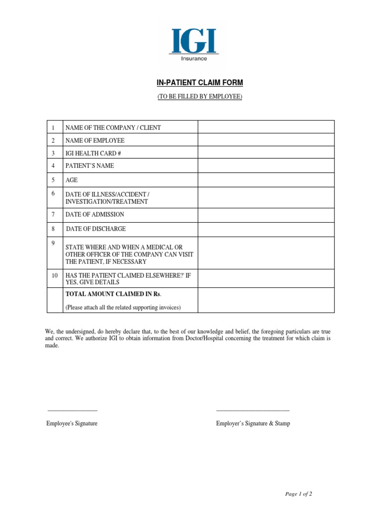 Igi - Ipd Claim Form | PDF | Patient | Hospital