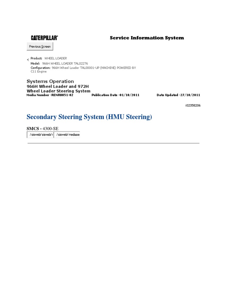 Secondary Steering System (HMU Steering) 966 | PDF | Valve | Pump