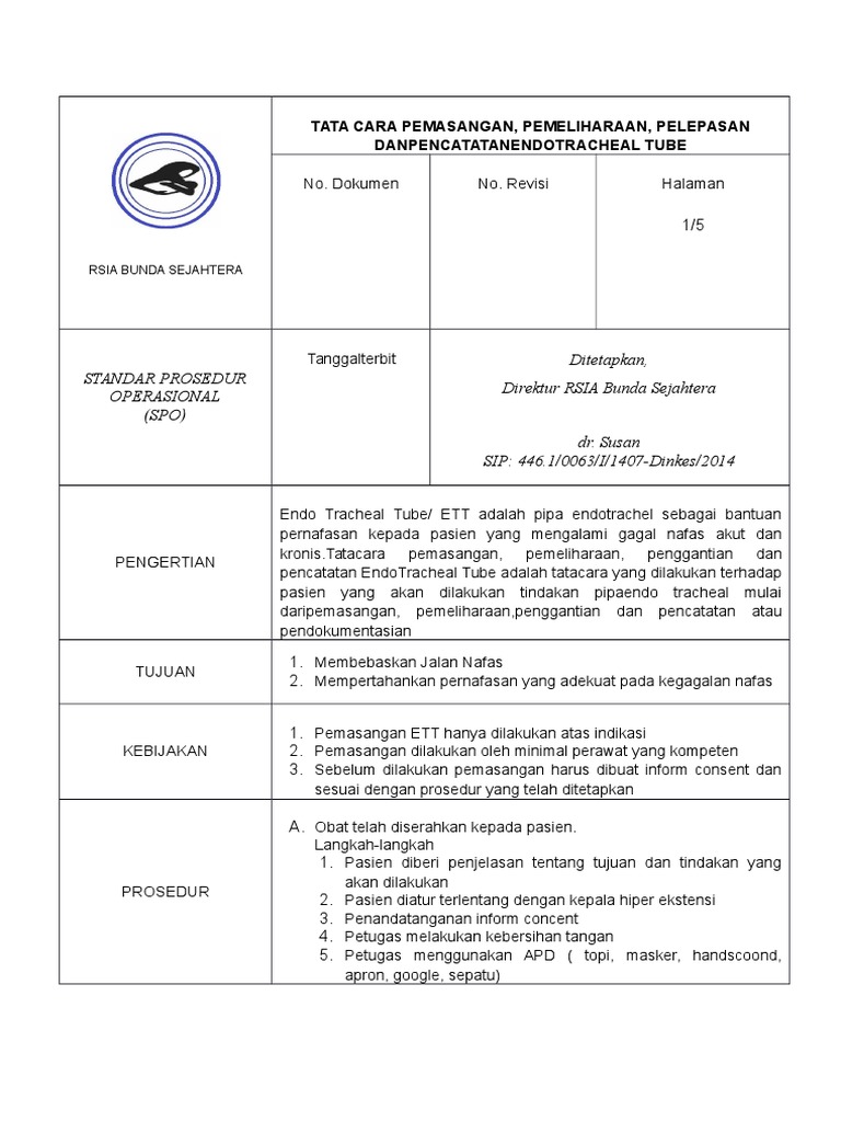 SOP Pemasangan Endotrakeal Tube (ETT) | PDF