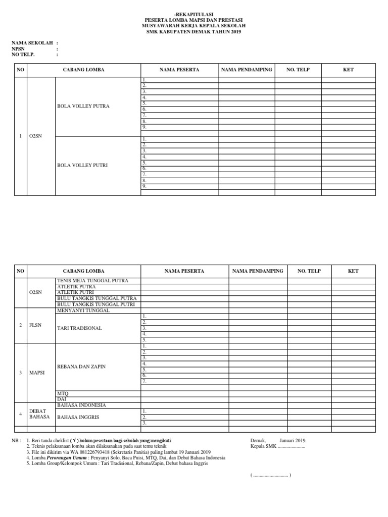 Form Pendaftaran Lomba Mapsi Dan Prestasi 2019 | PDF