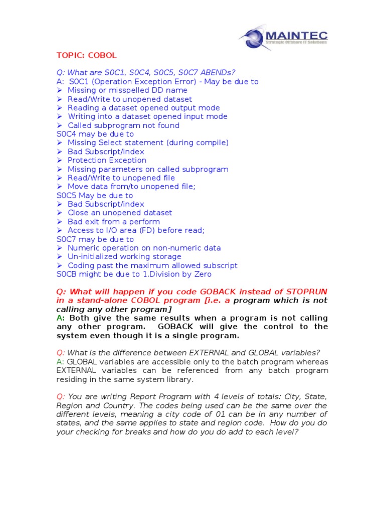 Cobol Abend Codes And Jcl Control Cards Pdf Database Index Databases