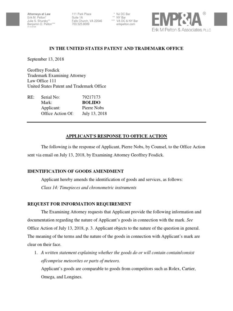 Sample USPTO Trademark Office Action Response For Likelihood of ...