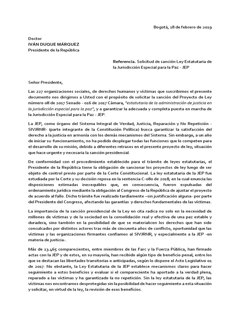 Carta Duque - JEP | PDF | Colombia | Jurisdicción