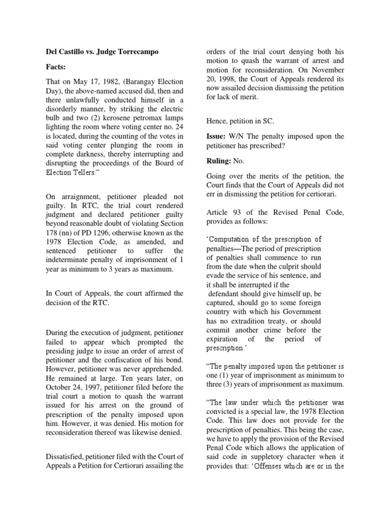 Del Castillo Vs Judge Torrecampo | PDF | Sentence (Law) | Statute Of ...
