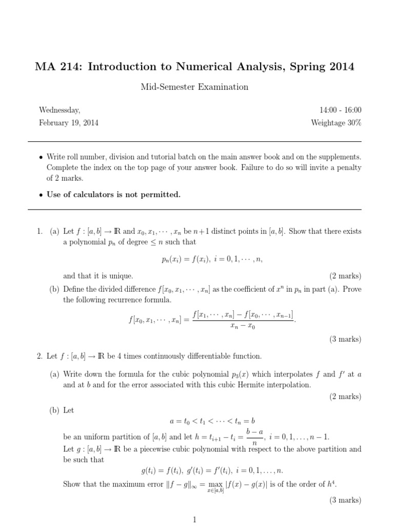 MA 214: Introduction To Numerical Analysis, Spring 2014: Mid-Semester Examination | PDF | Matrix ...