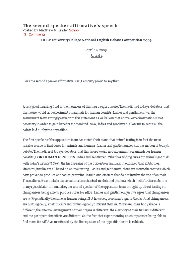 The Second Speaker Affirmative's Speech: HELP University College ...