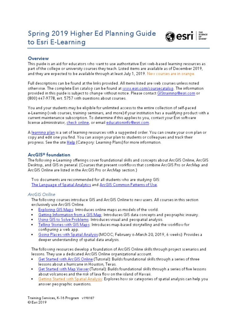 Spring 2019 Higher Ed Planning Guide To Esri E-Learning: New Courses ...