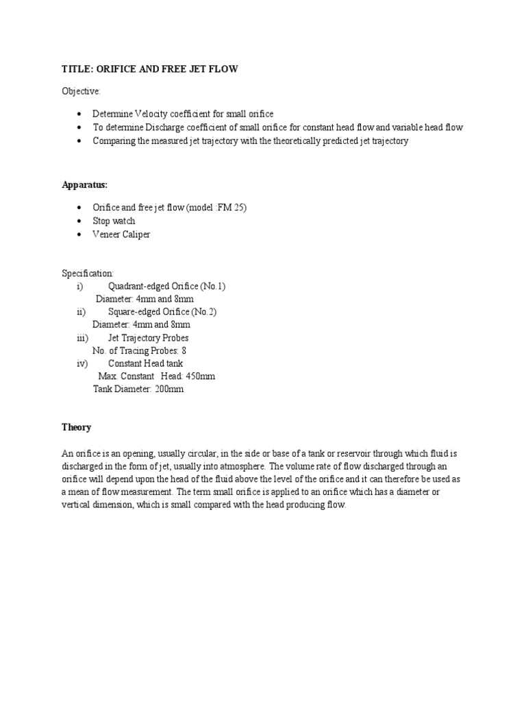 Title: Orifice and Free Jet Flow | PDF | Fluid Dynamics | Classical ...