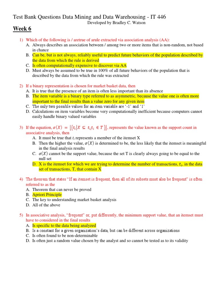 Week 6: Test Bank Questions Data Mining and Data Warehousing - IT 446 ...