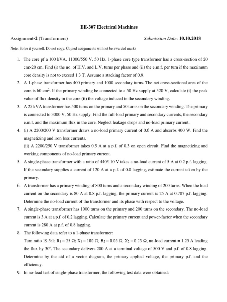 Transformer Assignment EE-307 Solutions | PDF | Transformer ...
