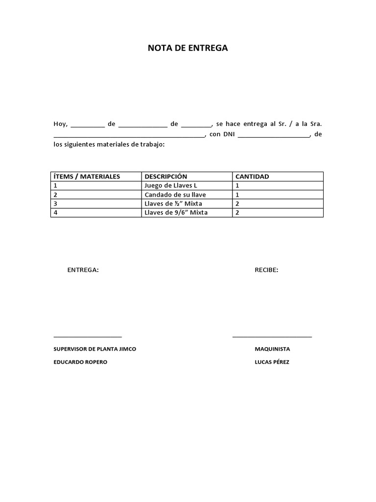 Ejemplo Nota de Entrega Materiales Word | PDF