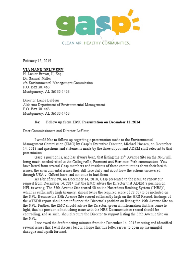 AEMC / ADEM Letter From Gasp | PDF | Superfund | Environmental Social ...