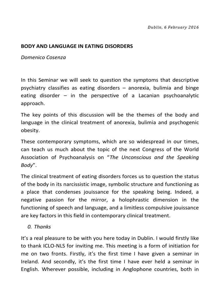 BODY AND LANGUAGE IN EATING DISORDERS Domenico Cosenza | PDF | Anorexia ...