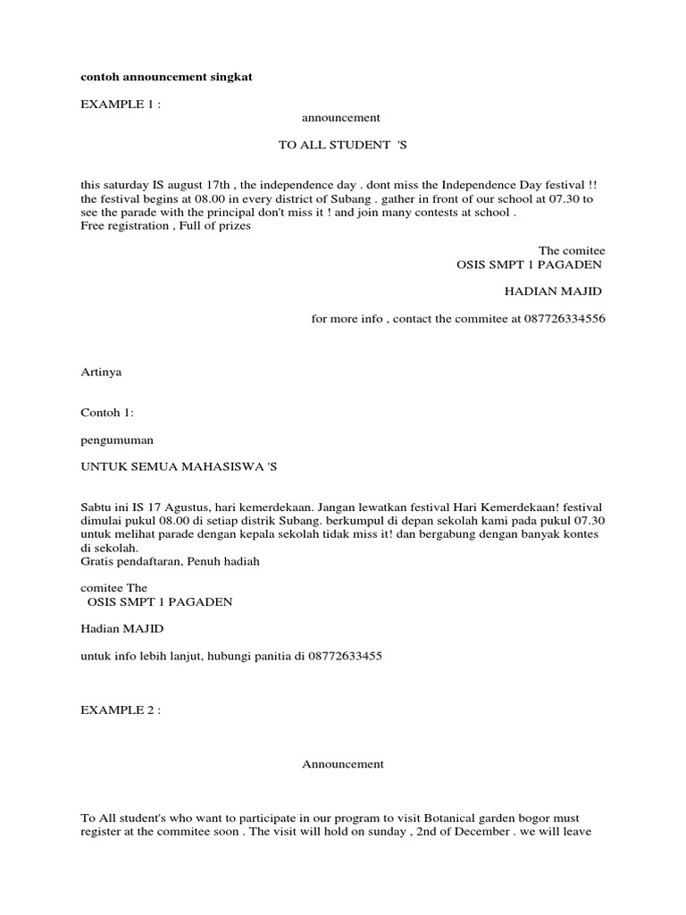 Contoh Announcement Singkat Dalam Bahasa Inggris