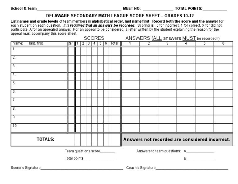 Scores Answers (All Answers Must: Delaware Secondary Math League Score ...