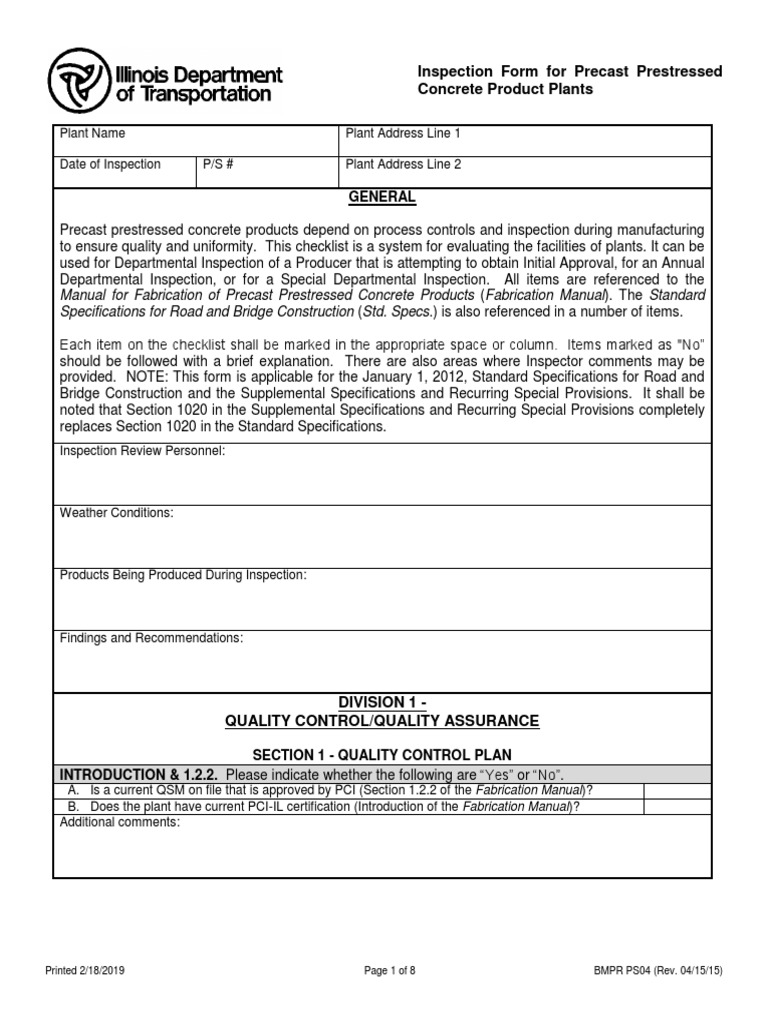 Inspection Form For Precast Prestressed Concrete Product Plants | PDF ...