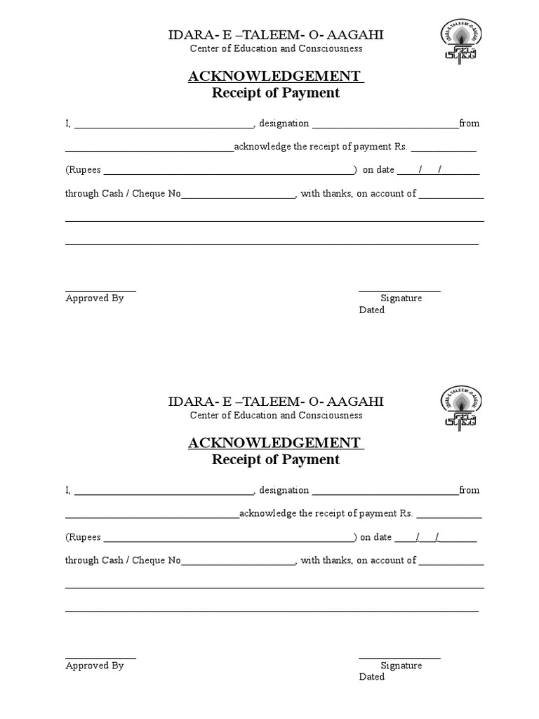 Cash Receipt Acknowledgement