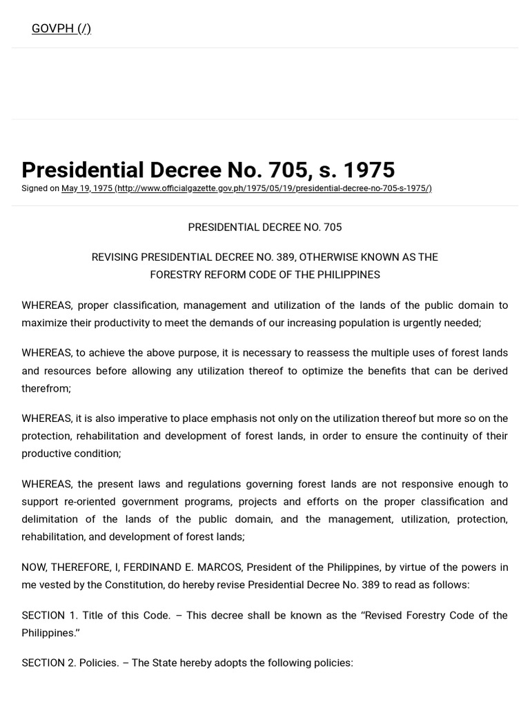 Presidential Decree No. 705, S. 1975: GOVPH (/) | PDF | Logging | Forests