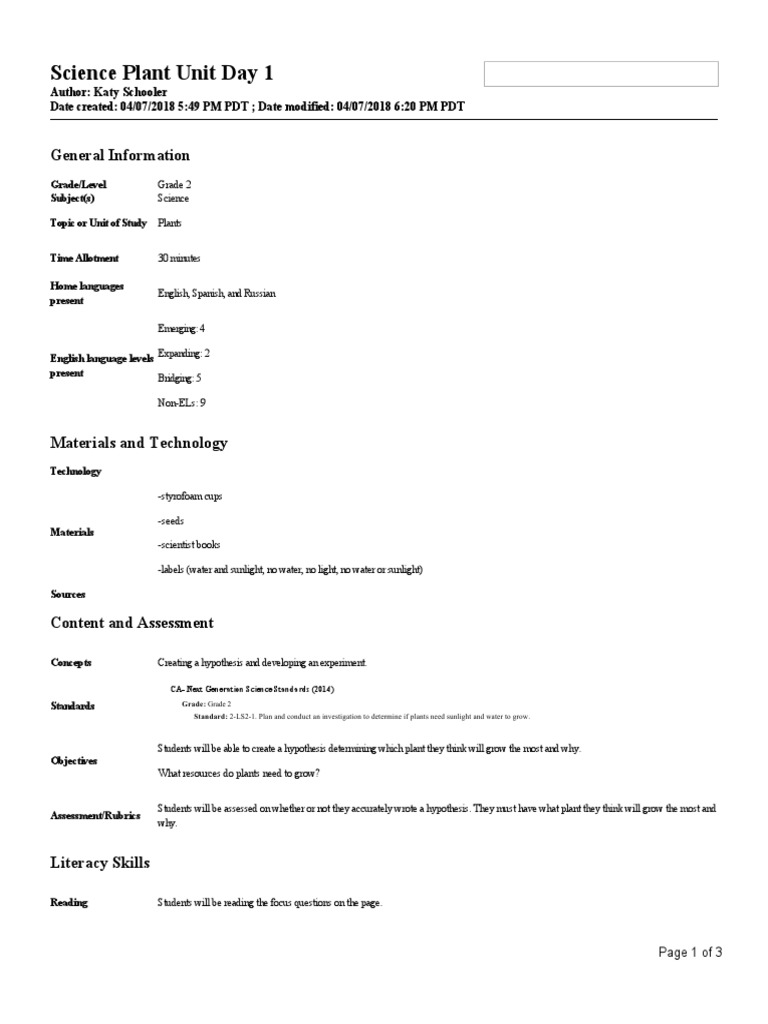 Science Plant Unit Day 1 | PDF | Hypothesis | Experiment