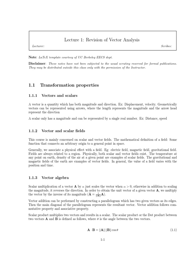 Lecture 1: Revision of Vector Analysis: 1.1.1 Vectors and Scalars | PDF ...
