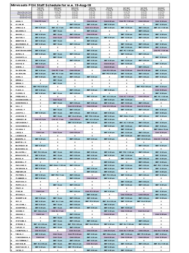 Mirvicaats FOH Staff Schedule For W.E. 19-Aug-18 | PDF