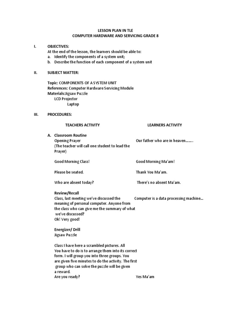 Grade 8 Computer Hardware Lesson Plan | PDF | Computer Data Storage ...