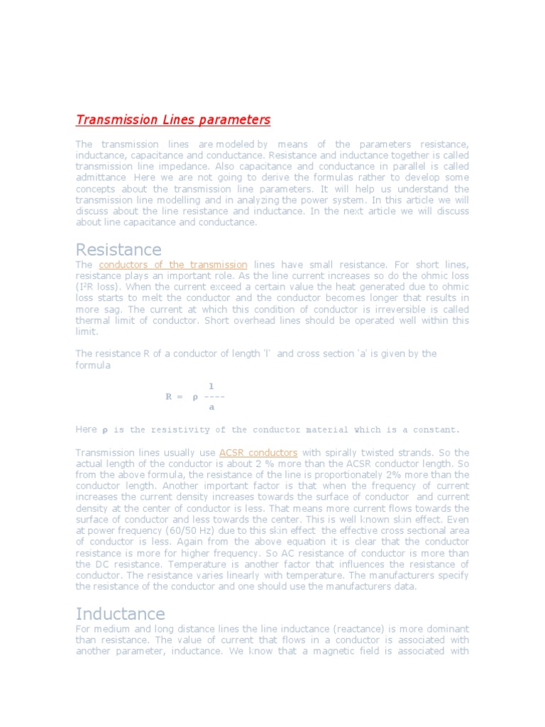 Transmission Lines Parameters | PDF | Inductance | Electrical Resistance And Conductance