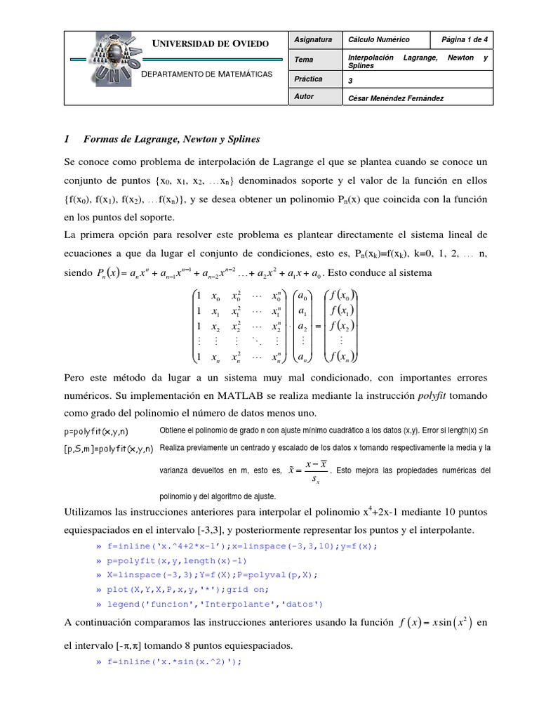 Interpolaci N en Matlab | PDF | Spline (Matemáticas) | Análisis numérico