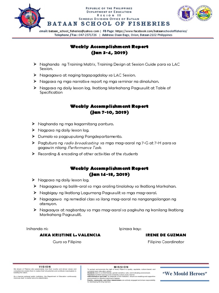 Bataan School OF Fisheries: Weekly Accomplishment Report (Jan 3-4, 2019 ...