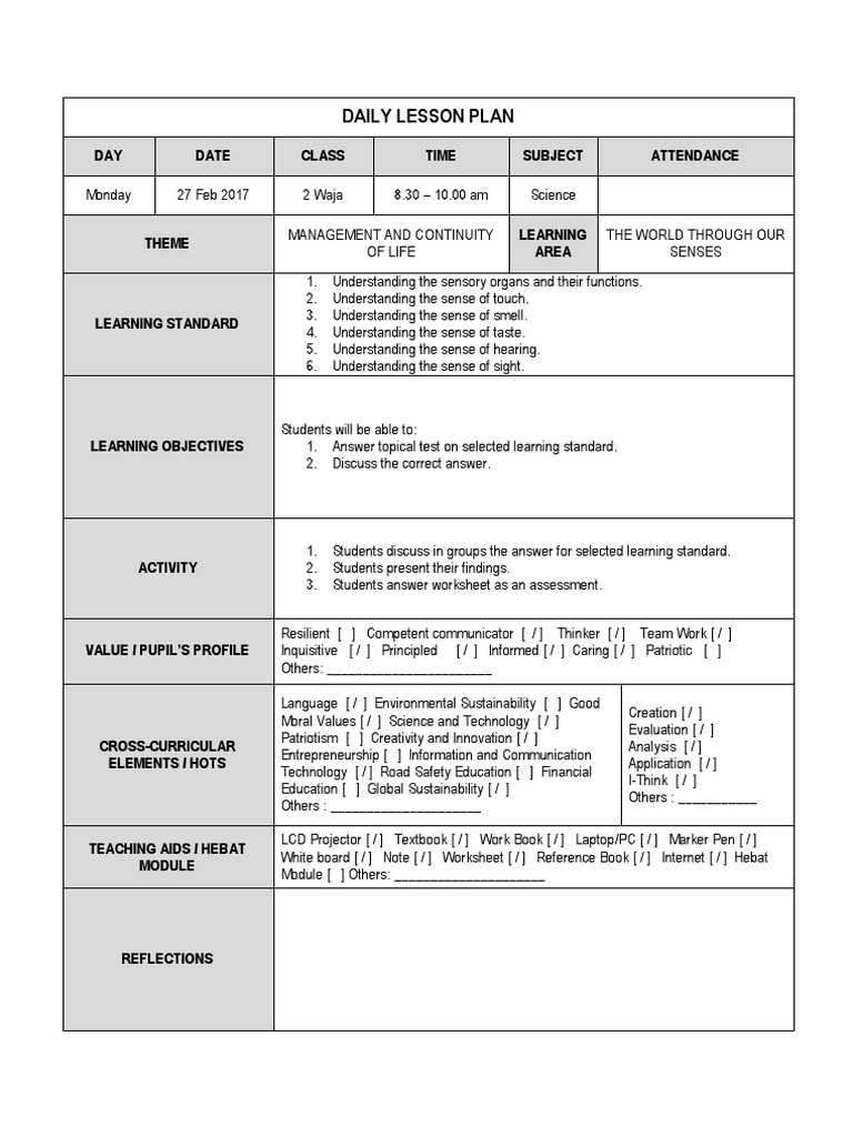 Daily Lesson Plan: DAY Date Class Time Subject Attendance | PDF ...
